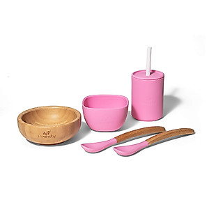 Avanchy Bamboo La Petite Family Collections Gift Set Pink - Includes Mini Bamboo Bowl, Silicone Bowl, Silicone Cup, and Bamboo Baby and Infant Spoons - Baby Food Set - Baby Shower Gifts