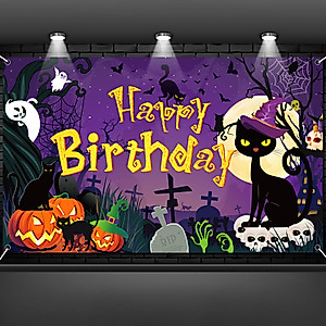 WovWeave Halloween Birthday Party Decorations 5.9 x 3.6 ft Happy Birthday Backdrop Banner Black Cat Evil Pumpkin Ghost Skull Banner for Halloween Birthday Photo Booth Background Indoor Outdoor Decor