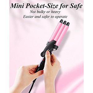 Mini Three Barrel Curling Iron, Small Curling Wand 1/2 Inch for Home and Travel, Ceramic Tourmaline Add Shine to Waves, Youuish Dual Voltage Hair Crimper, Pink