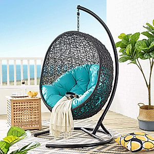 Modway EEI-739-TRQ-SET Encase Wicker Rattan Outdoor Patio Porch Lounge Egg, Swing Chair with Stand, Turquoise