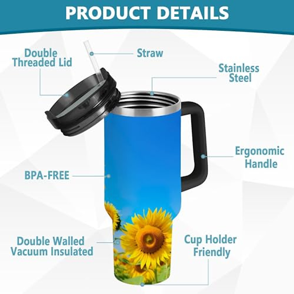 FRCSDIY Sunflower Insulated Tumbler with Handle and Straw Lid,30oz Leakproof Stainless Steel Cup BPA-Free Water Bottle