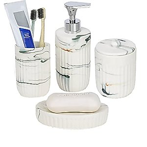 Bathroom Accessories Set with Grey Marble Look Ink White, Toothbrush Holder, Canister, Soap Dispenser, Soap Dish, Modern Bathroom Decoration,Ceramic High Grade Gift Packaging for Women and Men.