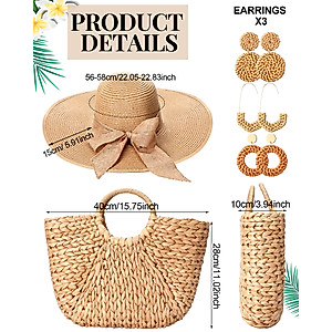 Loetere 5 Pcs Women Large Straw Beach Bag 5.5 Inch Big Bowknot Straw Beach Hat with Rattan Earrings Set Summer Handwoven Straw Tote Bag Wide Brim Floppy Sun Hat Foldable for Summer Vacation Travel