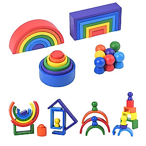 WODI Mini Wooden Rainbow Stacking Toy 27 PCS Early Educational Sorting Nesting Building Blocks Matching Games Montessori Sensory Toys Learning Gifts for Preschool Kids Boys and Girls Age 3+