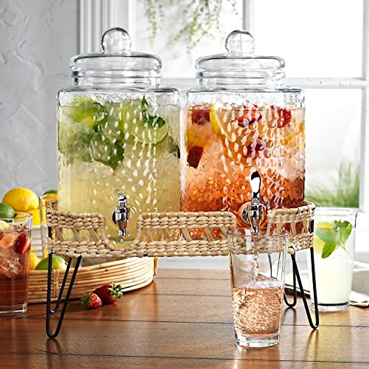 Double Ice Cold Clear Glass Hammered Beverage Drink Dispensers On Wicker Metal Stand 1.5 Gallon Each Mason Jug For Outdoor, Parties & Daily Use