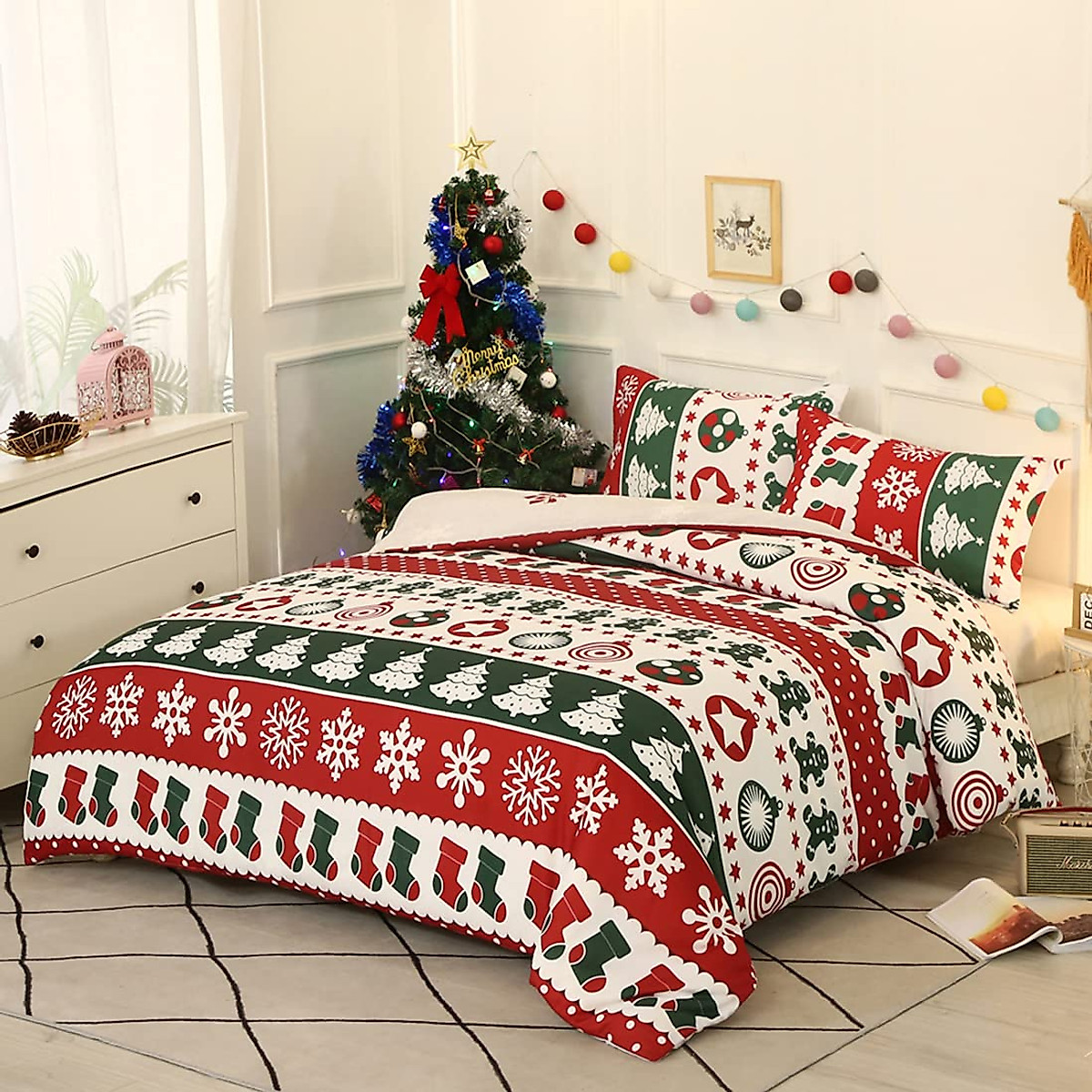 Mengersi Christmas Snowflakes Duvet Cover King Size,Xmas Trees Holiday Bedding Comforter Cover with Zipper Closure,Home Decoration for New Year (Green)