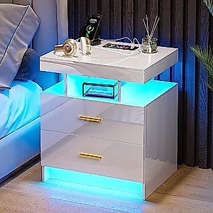 SKKTKT LED Nightstand with Charging Station, Modern White Bedside Table with Body Sensor Light, Night Stand with 2 Storage Drawers & 24 Color Changing, High Gloss End Table Bed Side Table for Bedroom