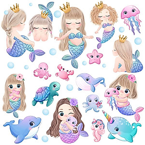 Pinenjoy Cute Mermaid Princess Wall Decal Cartoon Marine Life with Little Bubble Wall Stickers 42x42inch Removable Self-Adhesive Vinyl Wall Clings for Children's Bedroom Nursery Door Decorarion