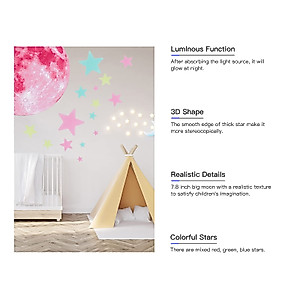 100 Pcs Glow in The Dark Stars with 3D Moon Stickers for Ceiling, Wall Decor Sticker for Nursery, Bedroom, Emo Room Decor Decal (Red Moon)