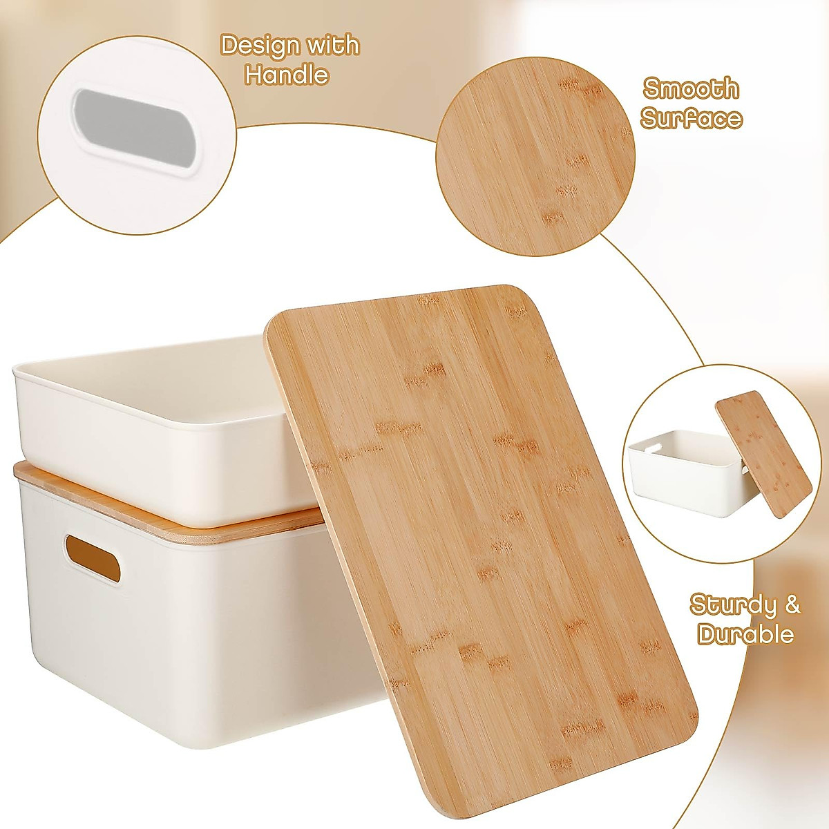 Suzile 6 packs Plastic Storage Bins with Bamboo Lids Stackable Storage Containers for Organizing, with Labels and Marker Document Paper Storage(Medium Large)