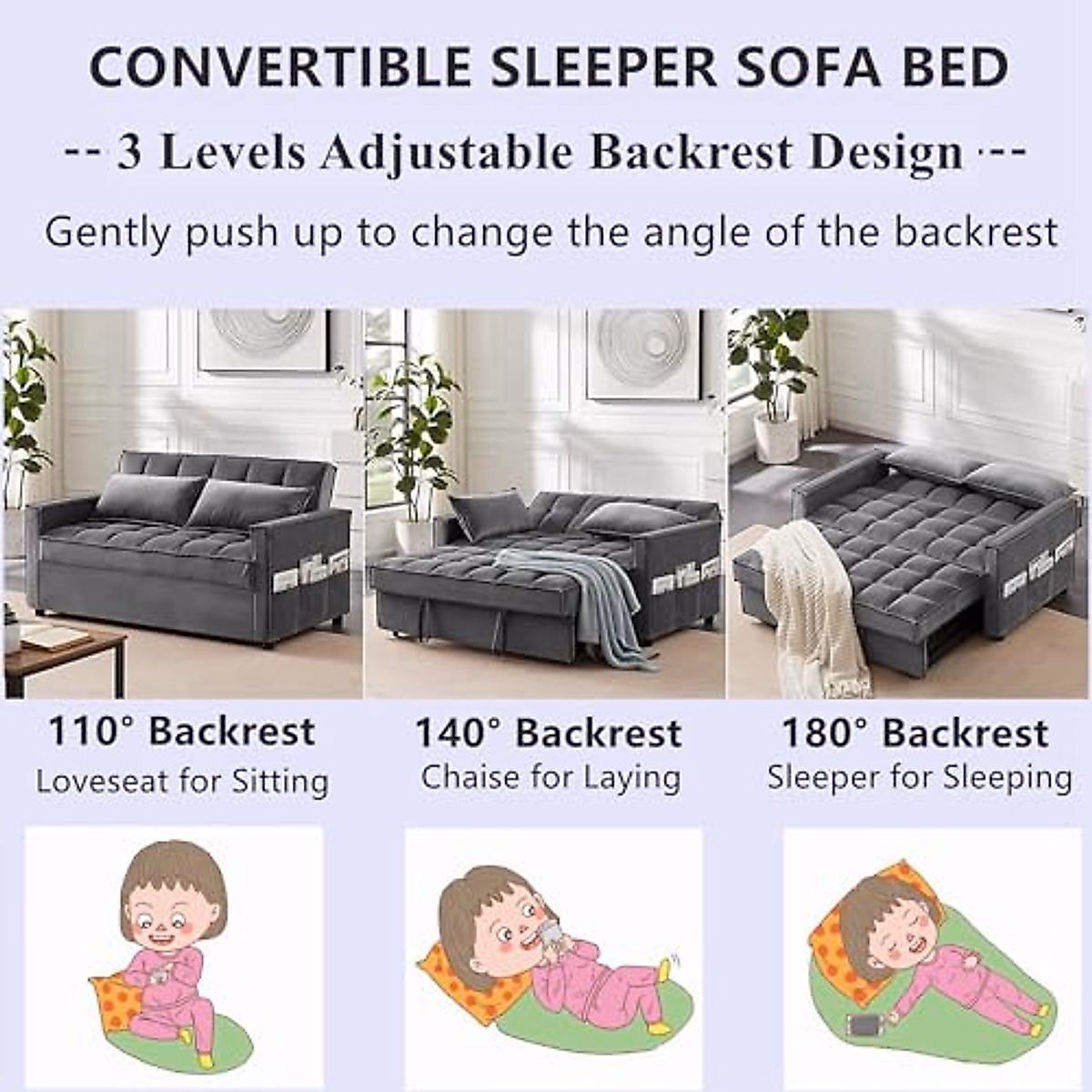 Gagawin Convertible Sofa Bed, 3-in-1 Pull Out Sleeper with 2 Pillows and Side Pockets, Soft Velvet Futon Loveseat Pull Out Bed Couch for Living Room, No.1-Gray