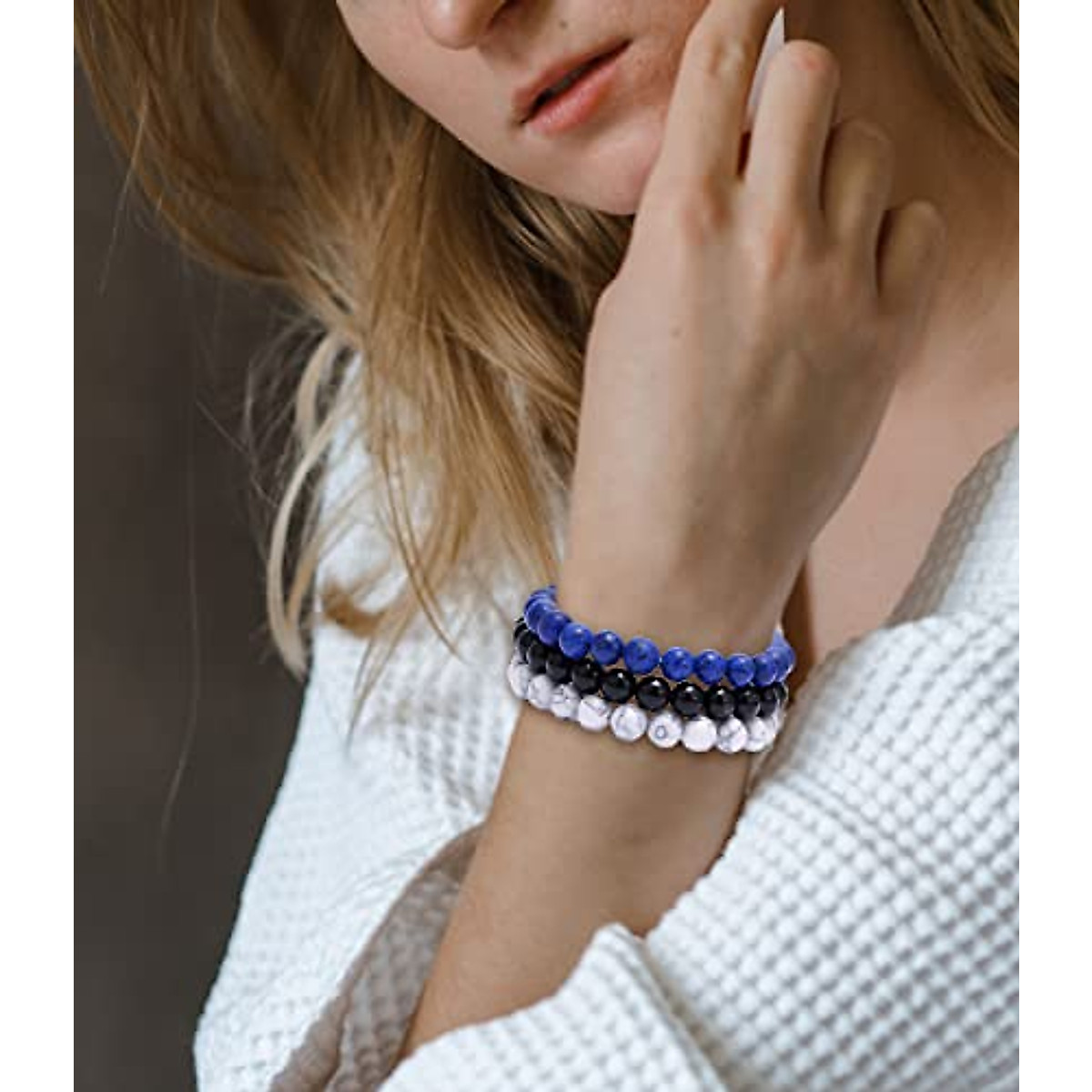 BOMAIL 3PCS Semi-Precious Gemstone Bracelet - Healing Crystal Stone Beaded Bracelets for Women Men 8mm Round Beaded Stretch Bracelets Unisex Stress Relief Yoga Bracelets Gifts