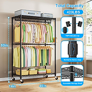 FUTASSI P8 Rolling Clothes Rack，Heavy Duty Clothing Racks for Hanging Clothes，Freestanding Garment Rack with Lockable Wheels，Portable Clothing Rack 45" W x 14" D x 80" H，Max Load 420LBS，Black
