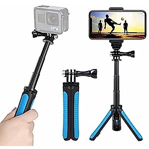 Extendable Mini Selfie Stick Tripod Two in One， Compatible with AKASO Gopro Hero 10/9/8/7/6/5 Various Action Camera and Cell Phone Accessories（Blue）