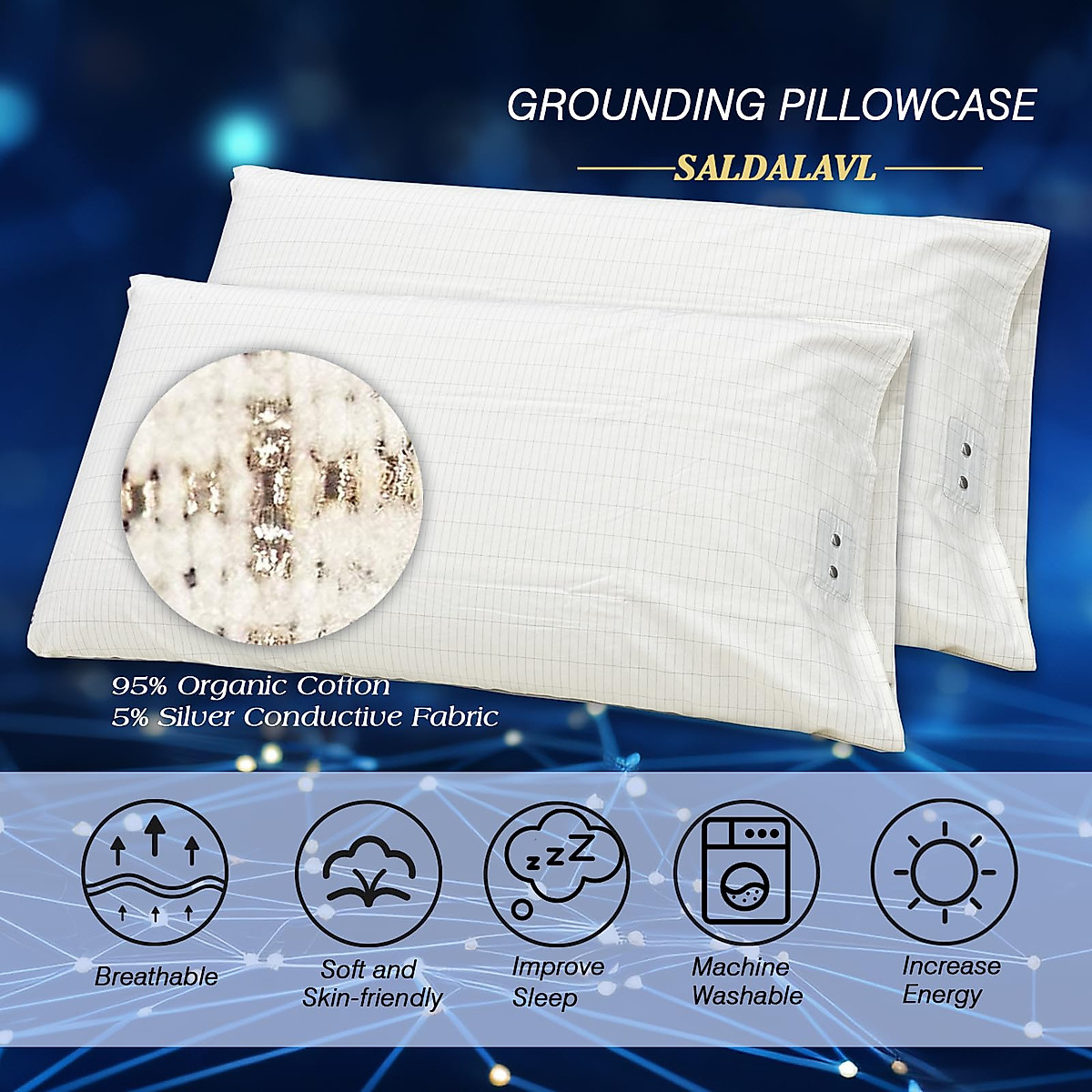 Grounding Pillowcase Queen Conductive Grounding Pillow Cases Organic Cotton Grounding Sheets with 15ft Grounding Cord for Better Sleep Pain Relief Improve Energy (20X30in) 1PC