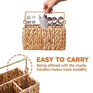 KOLWOVEN Wicker Utensil Caddy Carrier, Wicker Flatware Organizer, Hand Woven Water Hyacinth Cutlery Holder for Countertop with Handle