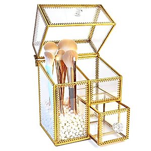 LANGBOHOS Gold Glass Makeup Holders and Organizer Lipstick Display Glass Brush Holder Clear Covered Comestics Organizer Vintage Makeup Organizer Decoration Jewelry Nail Brush