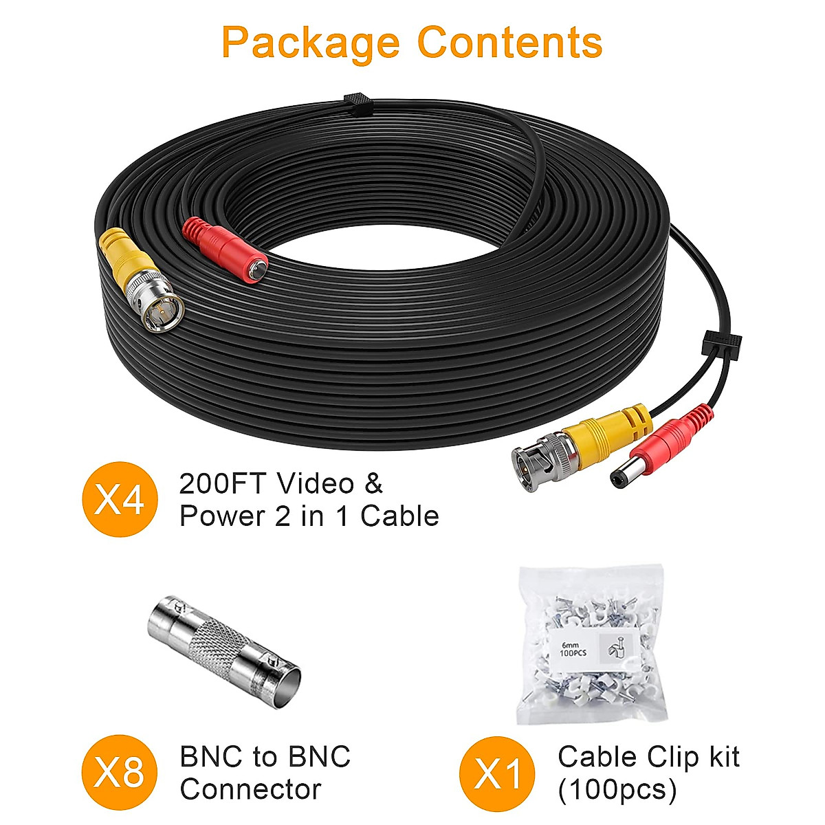 BNC Cable, 200ft 4Pack All-in-One Siamese Video and Power Security Camera Wire Cord with 2 Female Connectors for All Max 5MP HD CCTV DVR Surveillance System