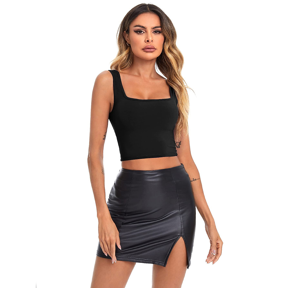 Verdusa Women's Basic Solid Square Neck Sleeveless Open Back Crop Tank Top Black M