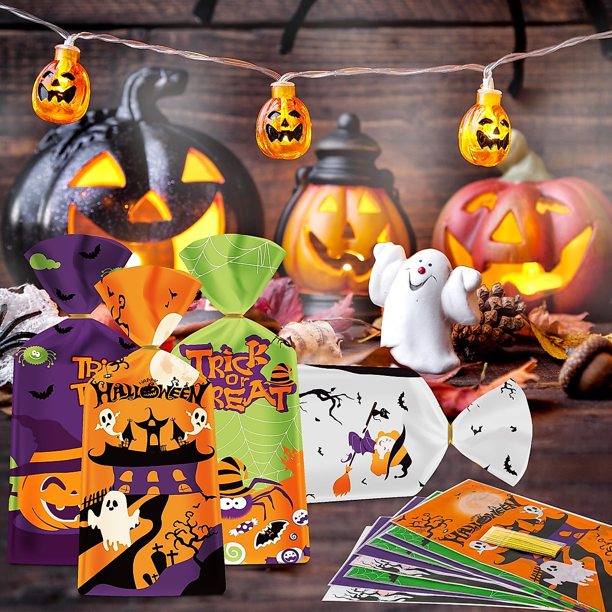 50 Pack Halloween Treat Bags - Plastic Halloween Goodie Bags, Happy Halloween Candy Bag, Trick or Treat Snack Gift Cellophane Bags with Twist Ties for Kids Halloween Party Birthday Supplies Favors