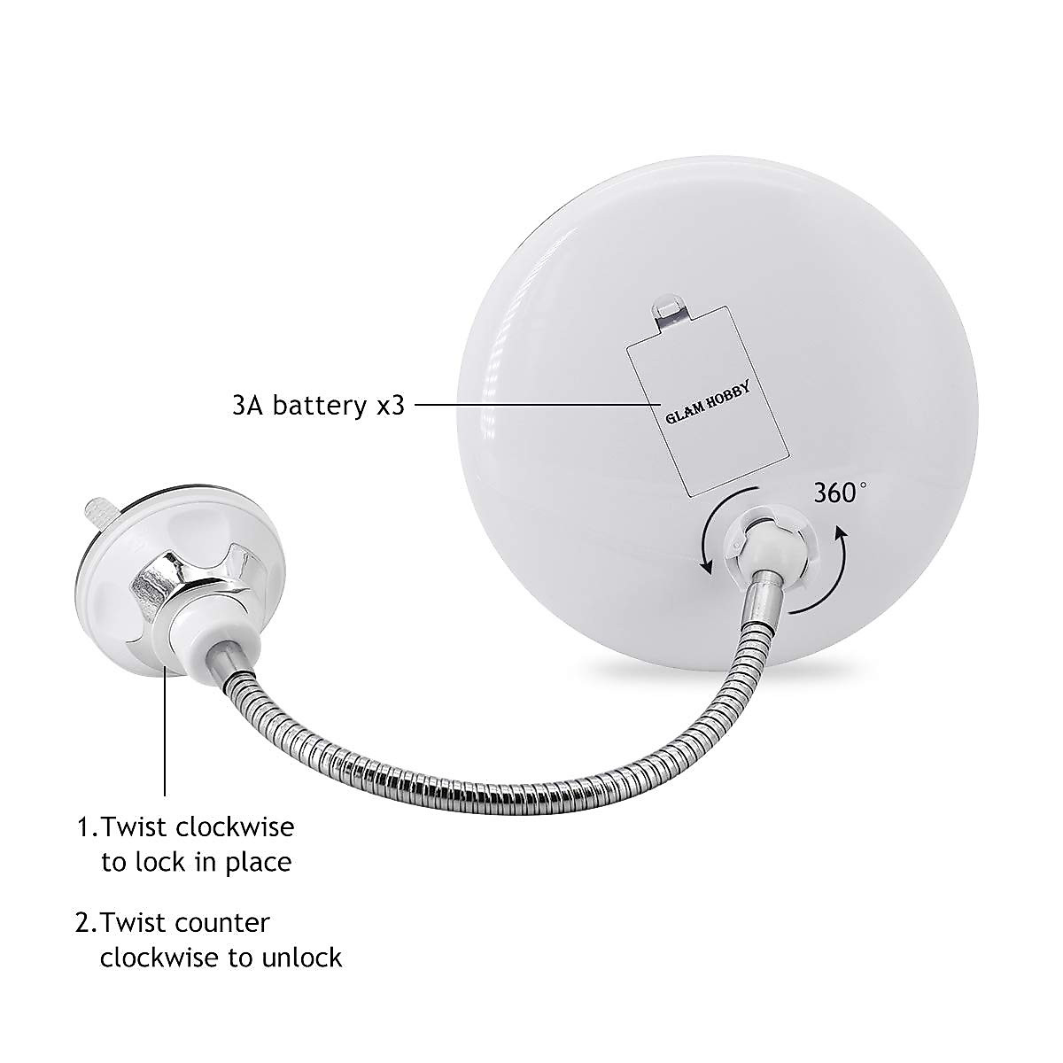 Glam hobby Led 10X Magnifying Makeup Mirror Lighted Vanity Bathroom Round Mirror with 360 Degree Swivel Rotation, Flexible Gooseneck, and Locking Suction