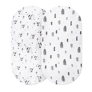 Vanillscent 2 Pack Cotton Bassinet Sheets Set for Boys Girls, Cozy Woodland Baby Cradle Sheets Fitted Hourglass, Oval & Rectangular Bassinet Mattress and Pads - Bear & Forest