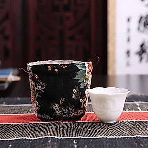 Retro Teapot Bundle Pocket, Flower Pattern Teacup Bag, Jewelry Storage Bag, Drawstring Bundle Pocket, Cotton Linen Teaware Storage Bag(Wine Red)