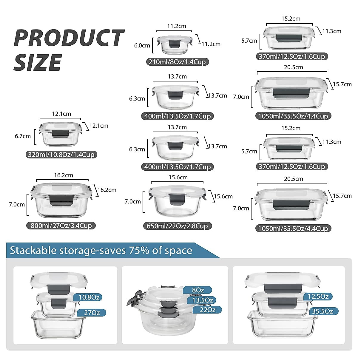 GC GENICOOK [10-Pack] Glass Meal Prep Containers with Lids, Food Storage Containers with Snap Locking Lids, Airtight Lunch Containers, Microwave, Oven, Freezer and Dishwasher