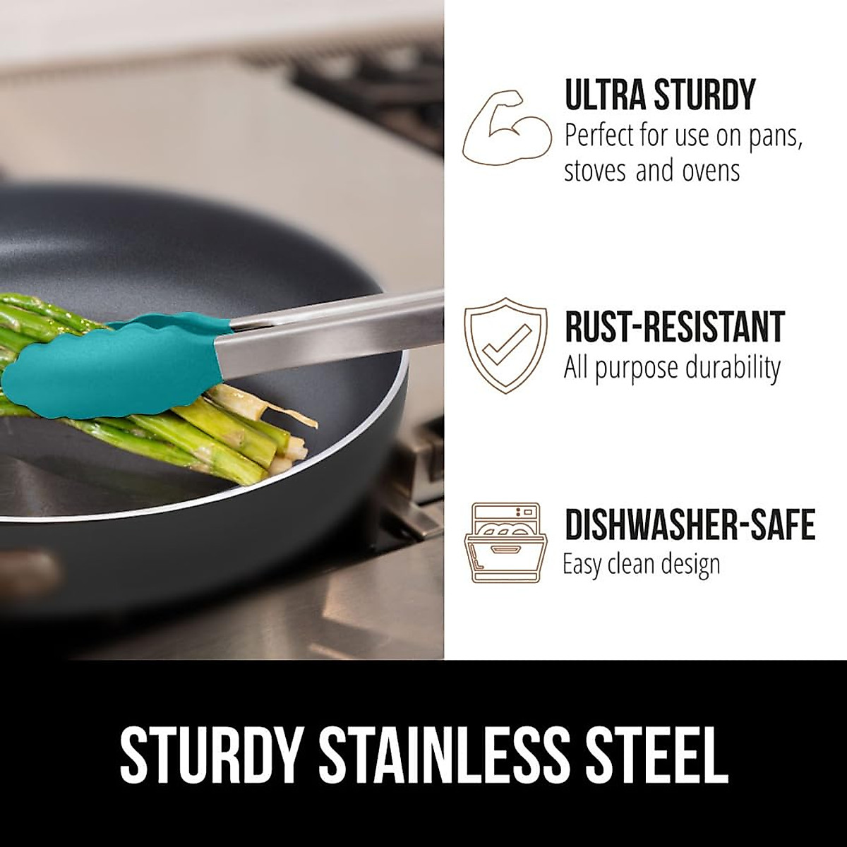 Gorilla Grip Stainless Steel Heat Resistant BBQ Kitchen Tongs Set, Non Scratch Silicone Tip for Nonstick Cooking Pans, Strong Grip for Grabbing Hot Food, Air fryer, Pull Lock, 9 and 12 Inch, Turquoise