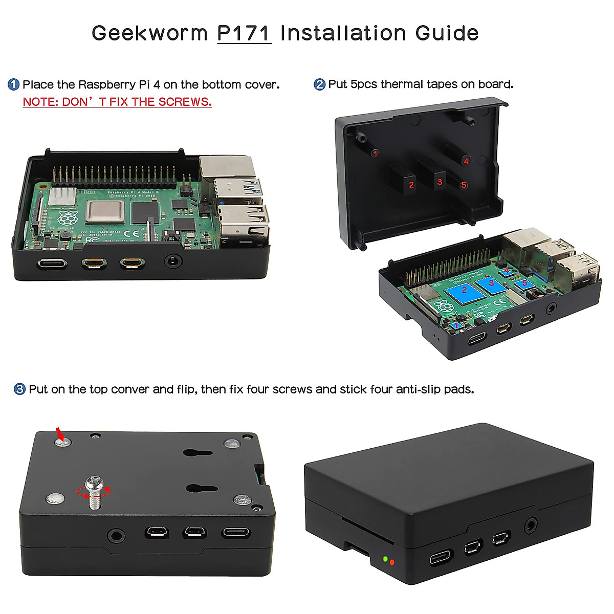 Geekworm Aluminum Case for Raspberry Pi 4, Passive Cooling Heavy Duty Heatsink Case Compatible with Raspberry Pi 4 Model B 2GB/4GB/8GB Only(P171-Black)