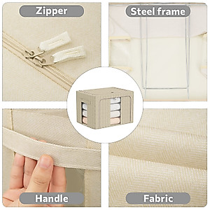 FHSQX Clothes Storage Organizer Bins- Stackable Storage Containers for Closet Foldable Storage Bins for Clothes with Clear Window & Carry Handles (Extra Large-100L(23.6x16.5x15.7inch), Beige)