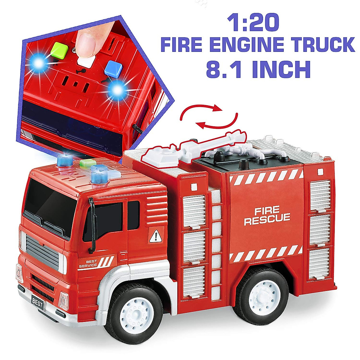5 Pack Friction Powered Truck Toy Set(8 Inch) Including Garbage Truck, Construction Truck, Fire Truck, Police Car, Helicopter, All with 4D Stunning Light and Sound, Vehicles Toys for Boy Toddler Kid