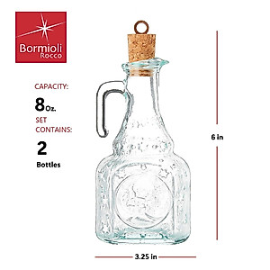 Bormioli Rocco Set Of 2 Country Home Helios Oil Bottle, 8-ounce With All Natural Cork Lid, Blue-green Tinted Star Glass, Elegant And Floral Design Made In Italy.