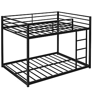 P PURLOVE Junior's Metal Bunk Bed Frame for Kids, Full Size Low Profile Floor Bunk Bed,Full Over Full Bunk Bed with Slat and Ladder,No Box Spring Need,Black