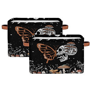 OMFUNS Skull Butterfly Storage Basket, Mushroom Star Foldable Storage Bin with Handle Fabric Rectangular Storage Box Organizer for Closet Shelf Home Office Nursery Toy Basket, 1 Pack