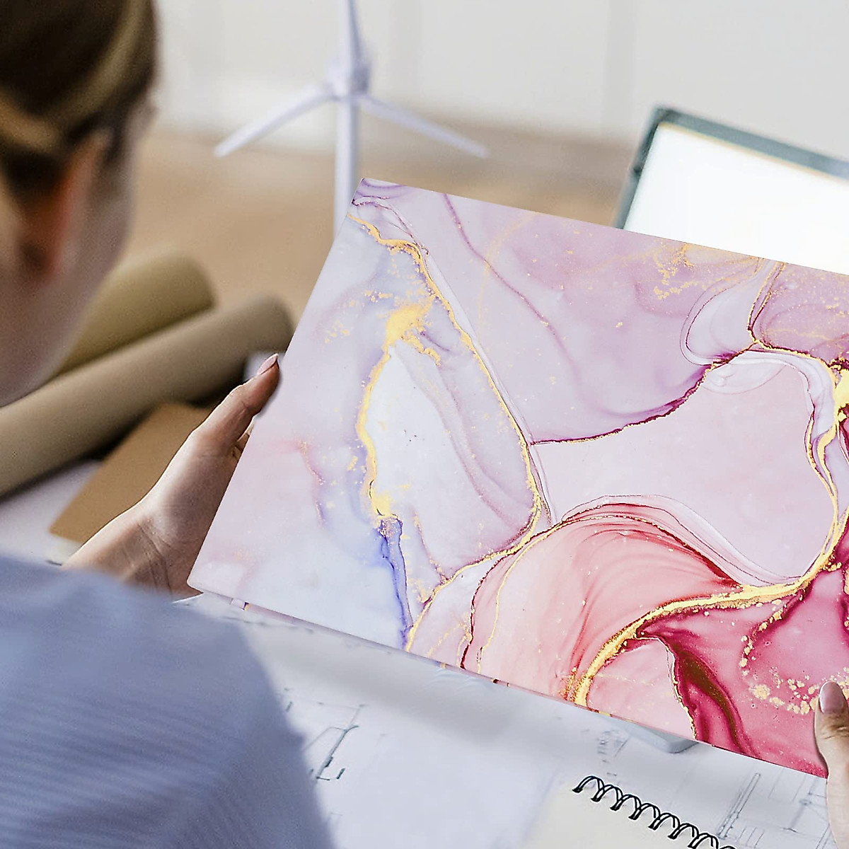 Legal-Size Binders, for 8.5 x 14 Paper, 3 Ring Binder 1 Inch, Landscape Spreadsheet Binder with Elastic Cord, Pink Marble, 2 Pack