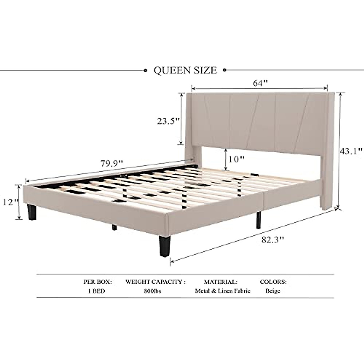 Benevika Queen Size Bed Frame with Modern Geometric Wingback Headboard,Wood Slat,No Box Spring Needed,Easy Assembly, Beige