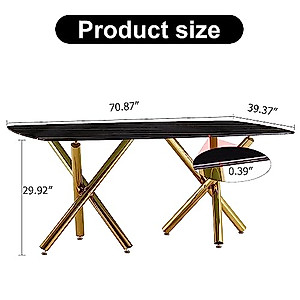 71’’ Modern Glass Dining Table for 8, Large Rectangular Dining Room Table with Golden Metal Legs, Minimalist Kitchen Table for Restaurant, Meeting Room, Imitation Marble Black Desktop