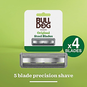 Bulldog Skincare Original Men's Razor Refills, With 5 Tempered Steel Blades on Each of the Four Refill Blades, Works With All Bulldog Reusable Razor Handles, 4 Pack