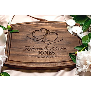 Personalized Cutting Board, Custom Wedding, Anniversary or Housewarming Gift Idea, Wood Engraved Charcuterie, for Newlyweds and Couples, Two Hearts Design 027