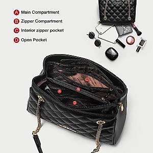 LAORENTOU Cowhide Shoulder Bag for Women Leather Quilted Purses Lady Handbag With Chain Strap