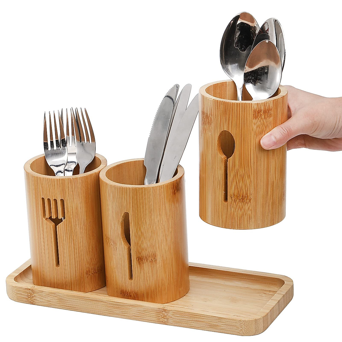 Lyellfe Silverware Holder, Bamboo Utensil Organizer with Tray, Rustic Farmhouse Kitchen Cutlery Flatware Holder Organizer for Spoons, Knives and Forks, Ideal for Kitchen and Restaurant