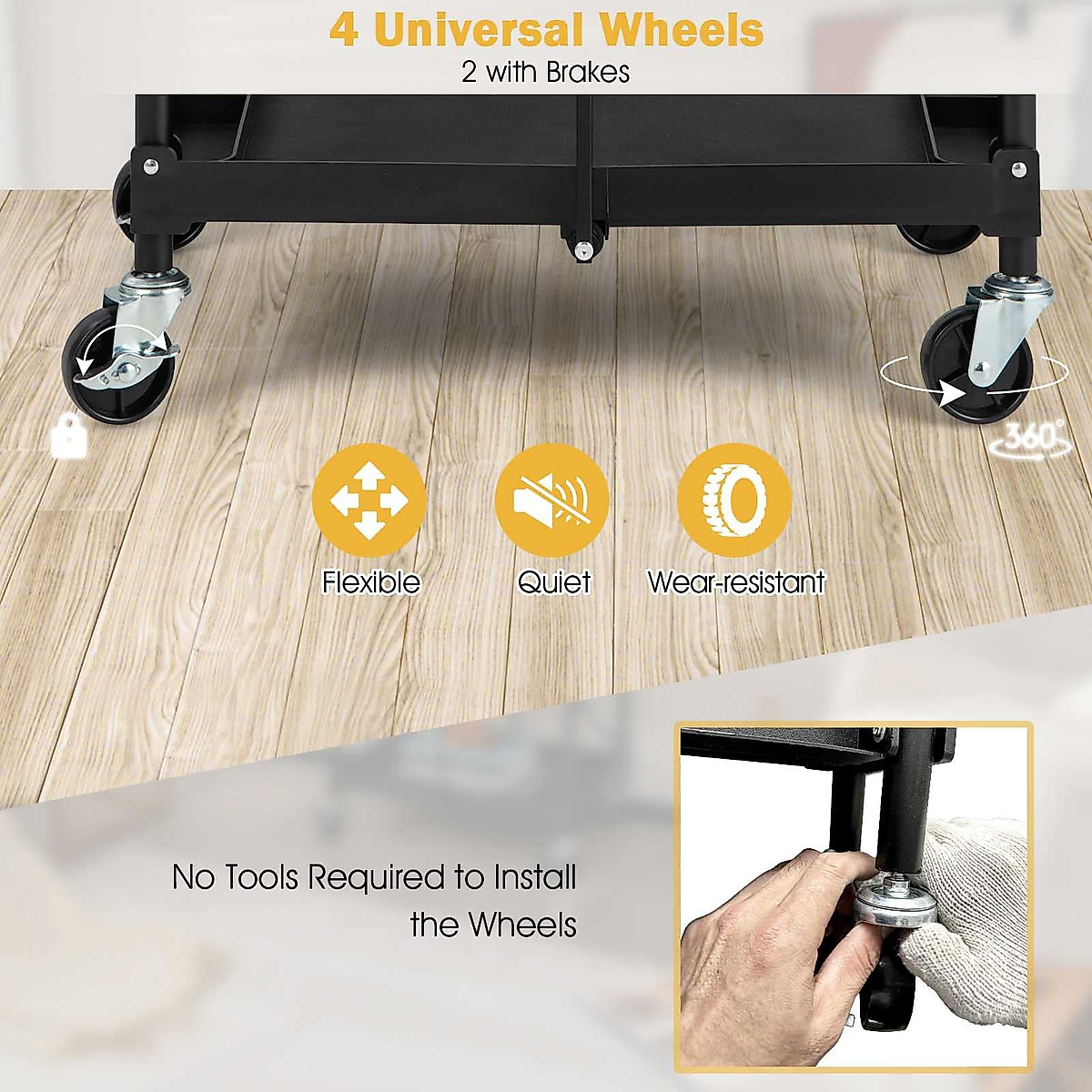 Goplus Folding Utility Cart, 3-Tier Rolling Tool Cart w/Lockable Wheels, Divided Storage Compartments, Collapsible Metal Service Cart Work Cart for Office Home, Garage, Kitchen, Black