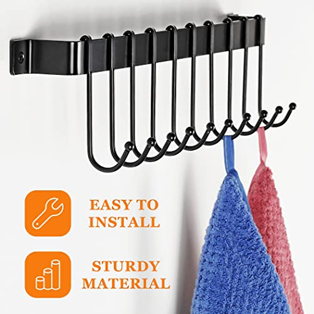 JEPRECO Kitchen Rail with 10 Hooks, Wall Mounted Iron Utensil Holder Hanging Pot Pan Rack Mug Cup Organizer,17 Inch Black