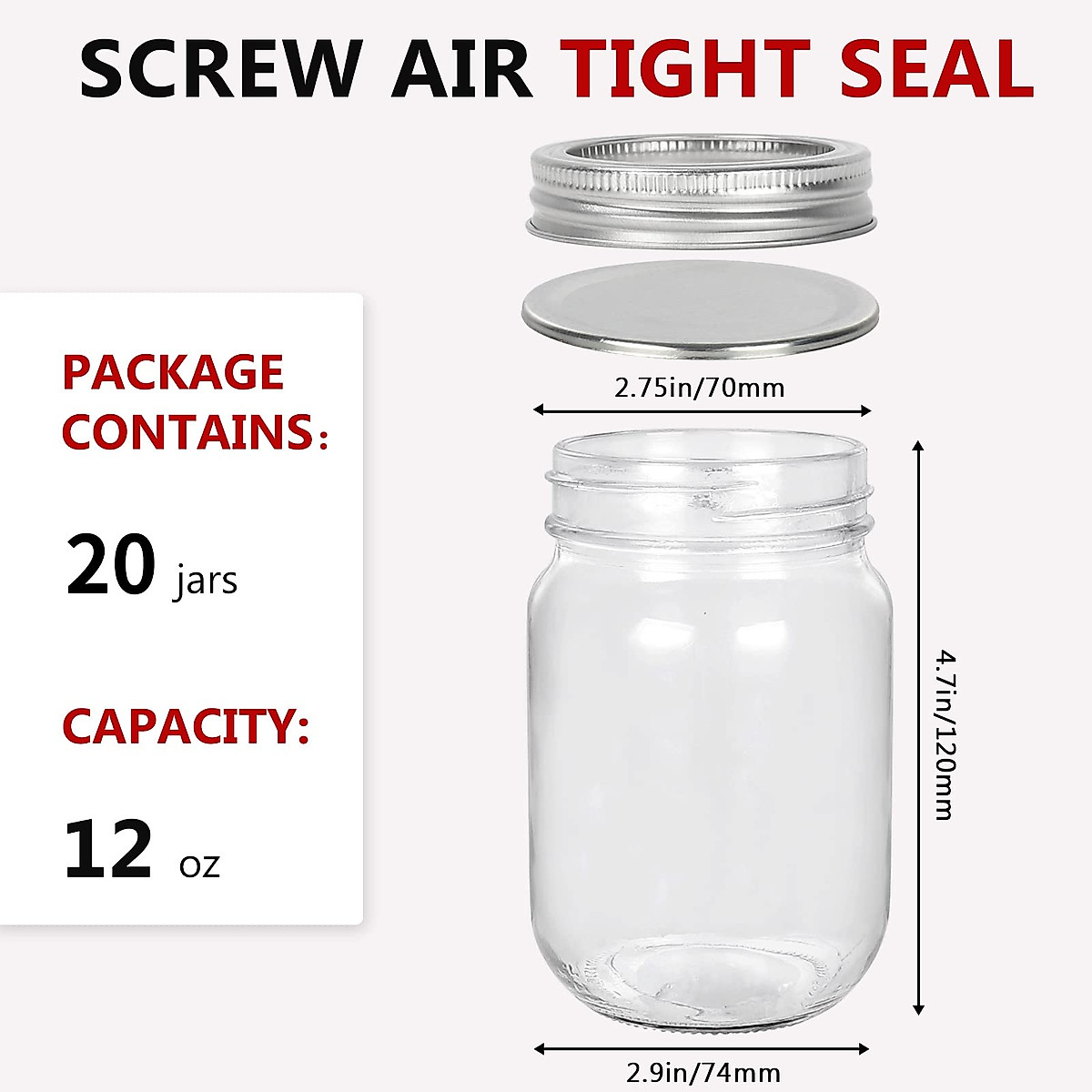 12 oz Glass Mason Jar, 20 Pack 360ml Canning Jars with Regular Mouth Lids, Glass Jars Storage Containers for Overnight Oats, Jam, Jelly, Honey, Beans, Spice, Wedding Party Favors, Shower Favors