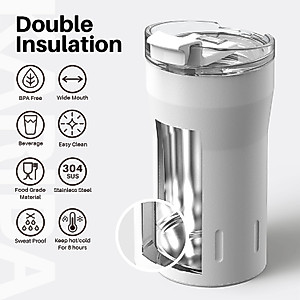 SANTECO Travel Coffee Mug 12 oz, Insulated Coffee Cups with Flip Lid, Stainless Steel Coffee Mugs Spill Proof, Double Wall Vacuum Tumblers, Reusable To Go Mug for Hot/Ice Coffee Tea - White