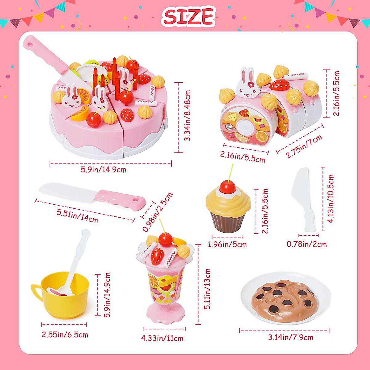 75PCS Birthday Cake Toy Cutting Decorating Birthday Cake Kitchen Pretend Toys Party Role Play Food Sets with Removable Candles Fruit Ice Cream Biscuits Candy Gift for Girls Boys Aged 3+