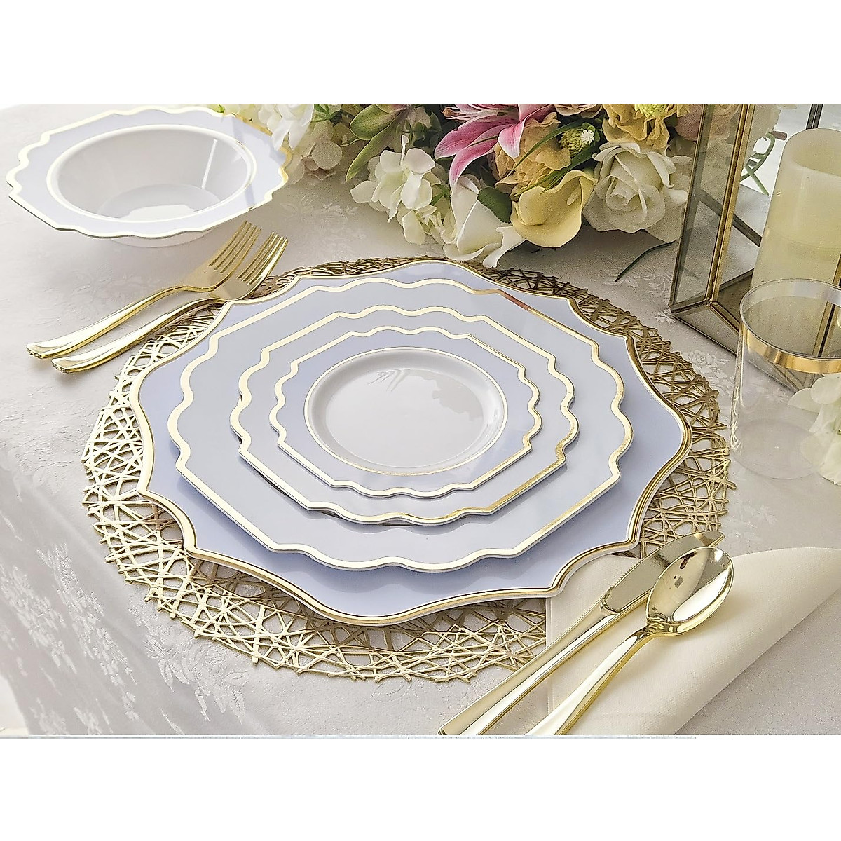 " OCCASIONS " 50 Plates Pack (25 Guests)-Heavyweight Wedding Party Disposable Plastic Plate Set -(25x10.5'' Dinner + 25x8'' Salad/dessert (Imperial in White/Blue & Gold)