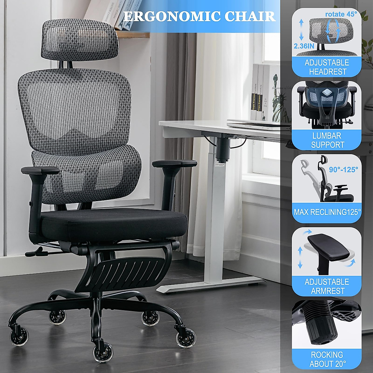 NOKAXUS Office Chair，Ergonomic Breathable Mesh Desk Chair with Lumbar Support,3D Armrest, Rubber Wheels,Gaming Chairs with footrest