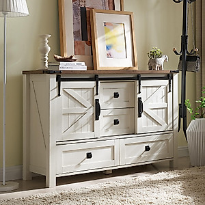 T4TREAM Farmhouse Dresser for Bedroom w/4 Drawers & Sliding Barn Doors, 48'' Wide Chest of Drawers, Rustic Dresser TV Stand w/Shelf, Dresser Organizer for Bedroom, Living Room, Entryway, Antique White